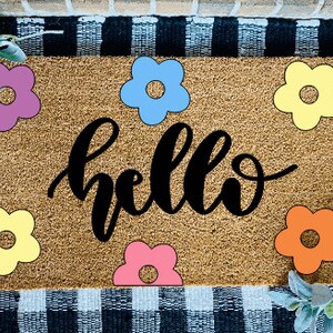 Hello Retro Flowers Door Mat Spring Welcome Rug Spring - Etsy