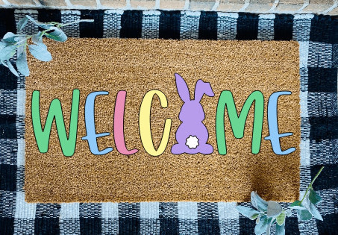 Pastel Welcome Easter Bunny Door Mat, Easter Bunny Porch Decor, Easter ...