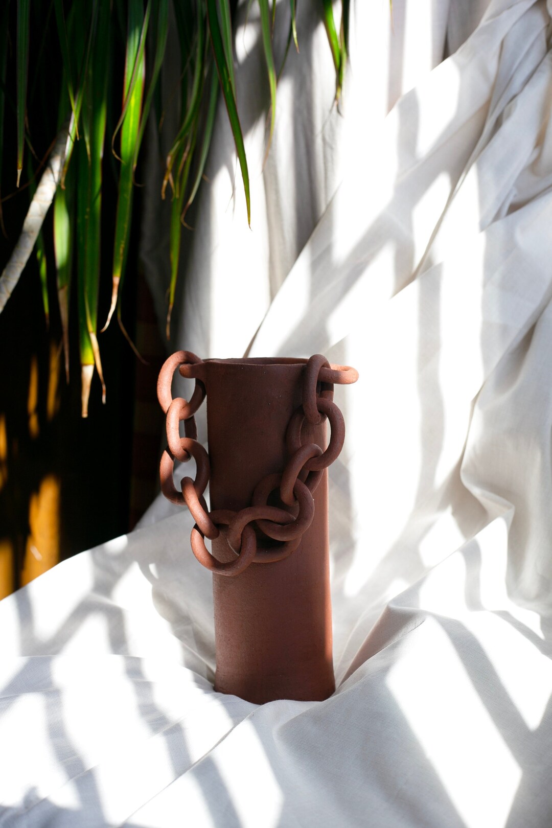 Handmade Ceramic Terracotta Chained Cylinder Vase - Stoneware With ...