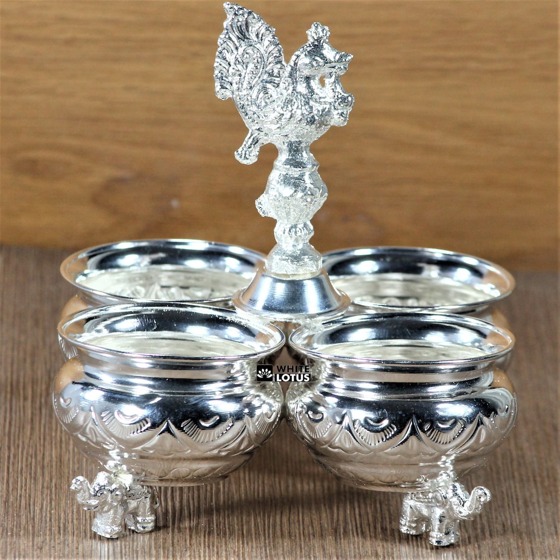 WHITE LOTUS Handcrafted Silver Plated 4 Cup Panchwala, Haldi Kumkum ...