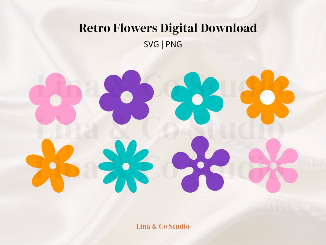 Retro Flower Design Bundle SVG PNG, Groovy Flowers Svg Png Digital ...