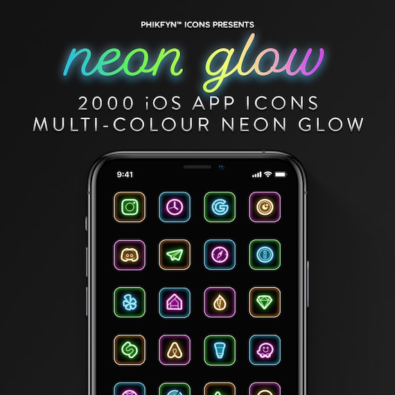 2000 Neon Glow Ios Iphone App Icon Pack Blue Green Pink | Etsy