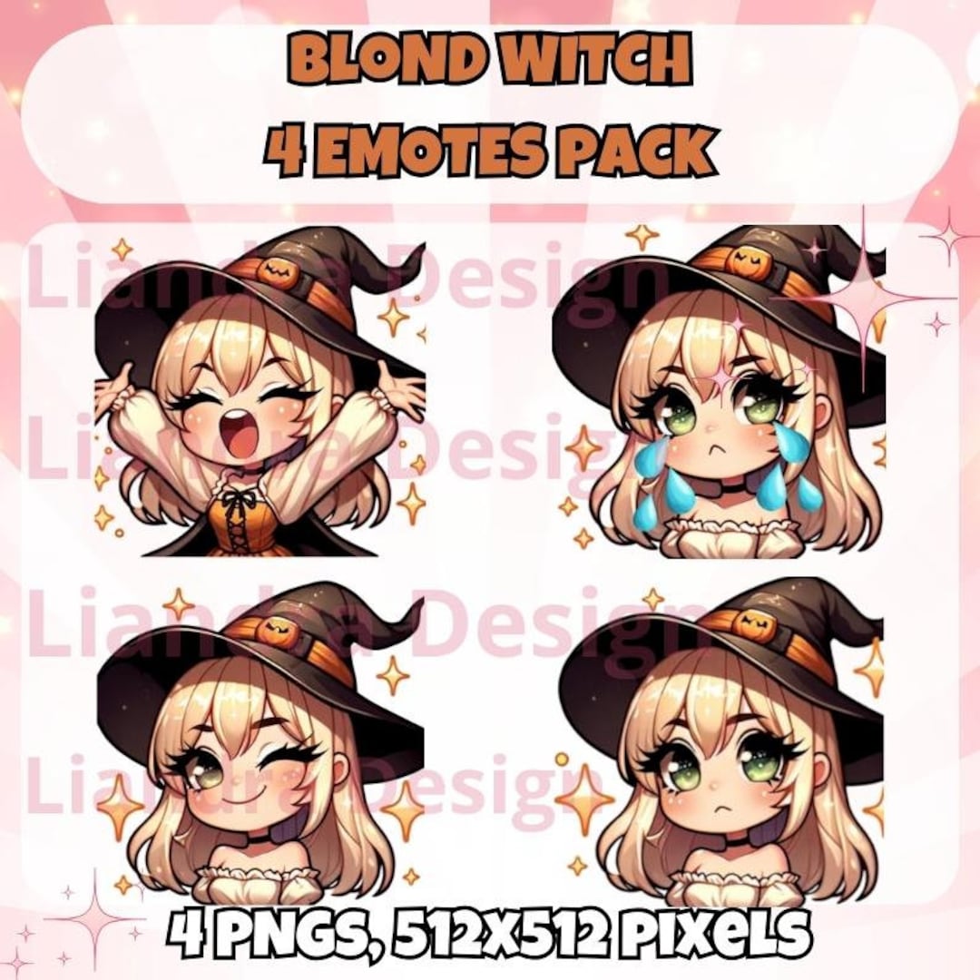 Blond Witch Twitch Emote Set Long Blond Haired Witch Emotes Chibi Style ...