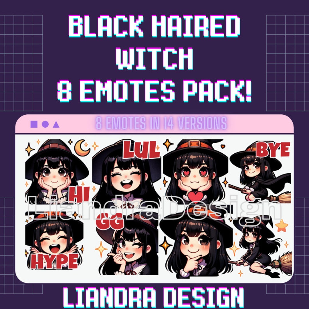 Witch Twitch Emote Set Long Black Haired Witch Emotes Anime Style Witch ...
