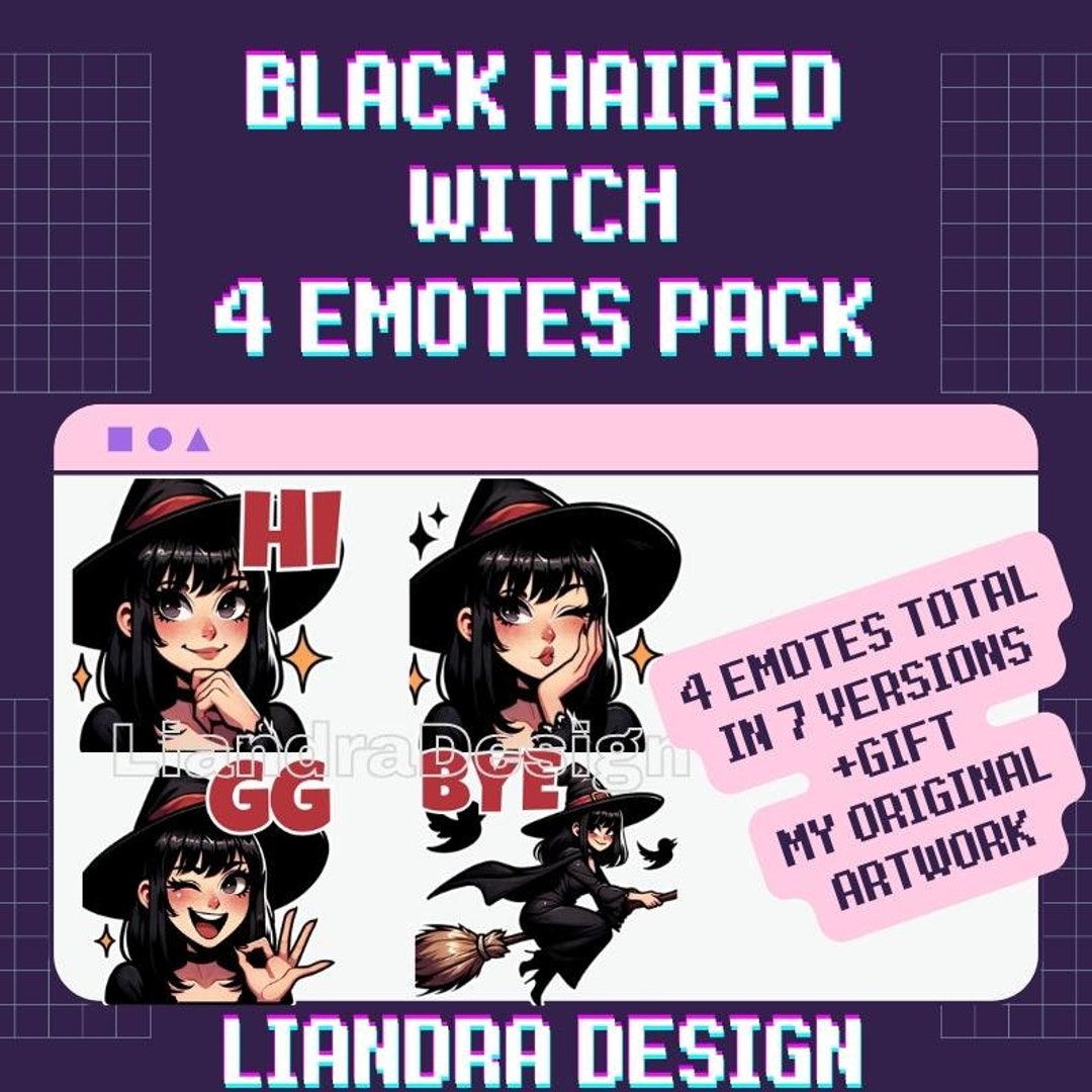 Witch Twitch Emote Set Long Black Haired Witch Emotes Sexy Style Witch ...
