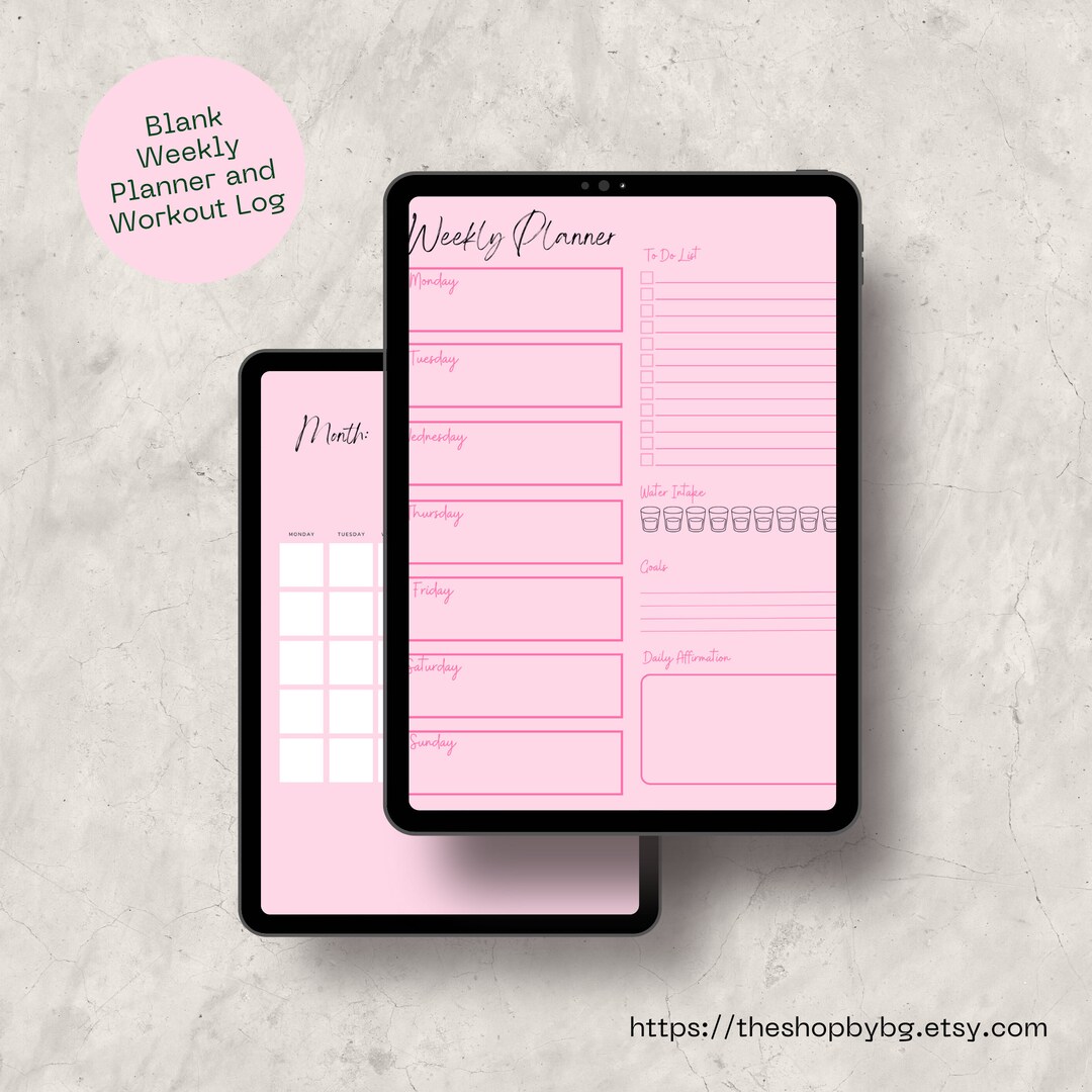 Blank Weekly Planner, Workout Log, Printable Planner, Digital Planner ...