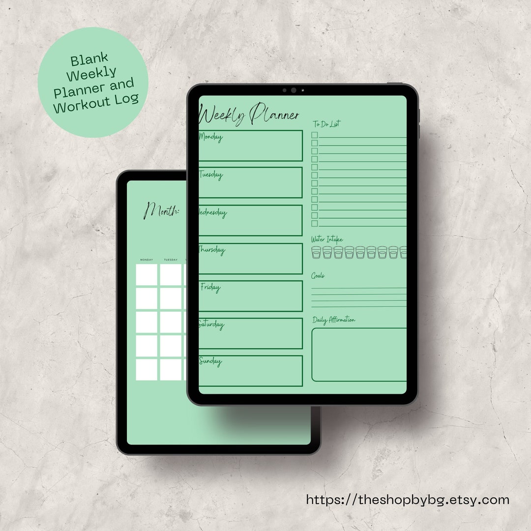 Blank Weekly Planner, Workout Log, Printable Planner, Digital Planner ...