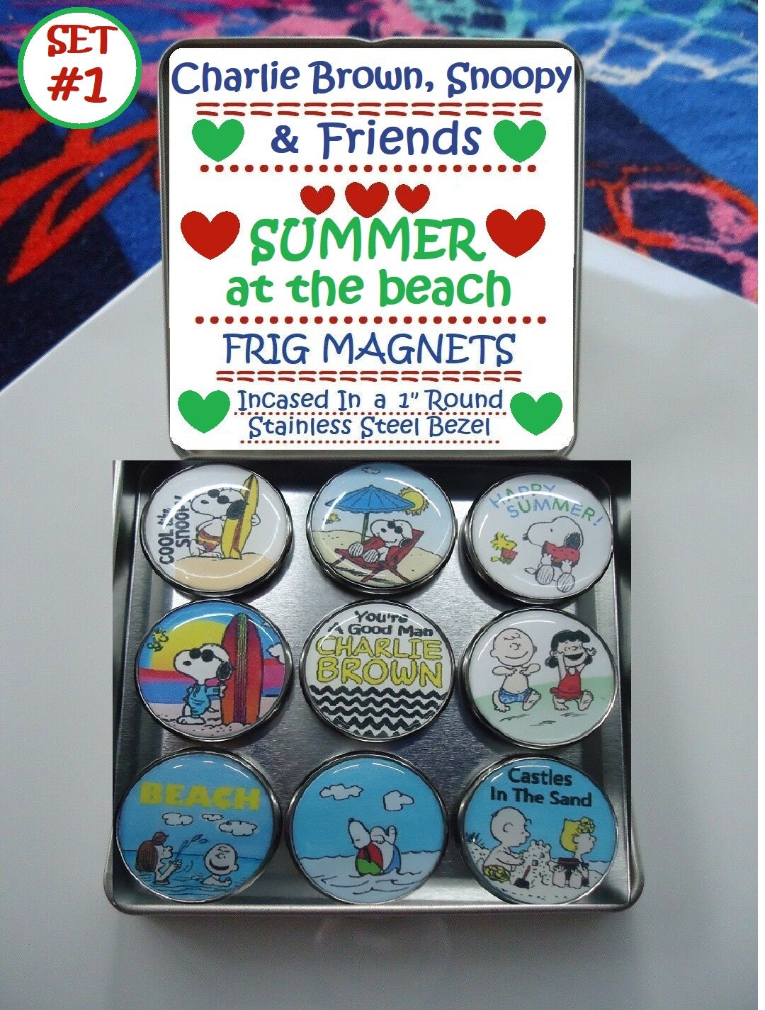 Charlie Brown Fridge Magnets Set #1 or #2 Summer Incased in 1" Silver ...