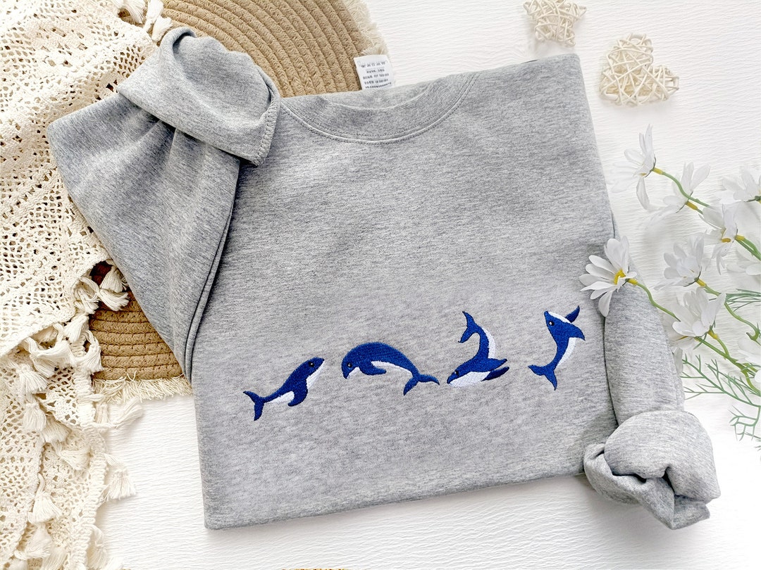 Blue Ocean Whale Embroidered Sweatshirt,embroidered Blue Whale Shirt ...