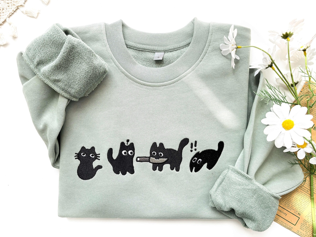 Lovely Black Cat Embroidered Sweatshirt,embroidered Cat Sweatshirt ...