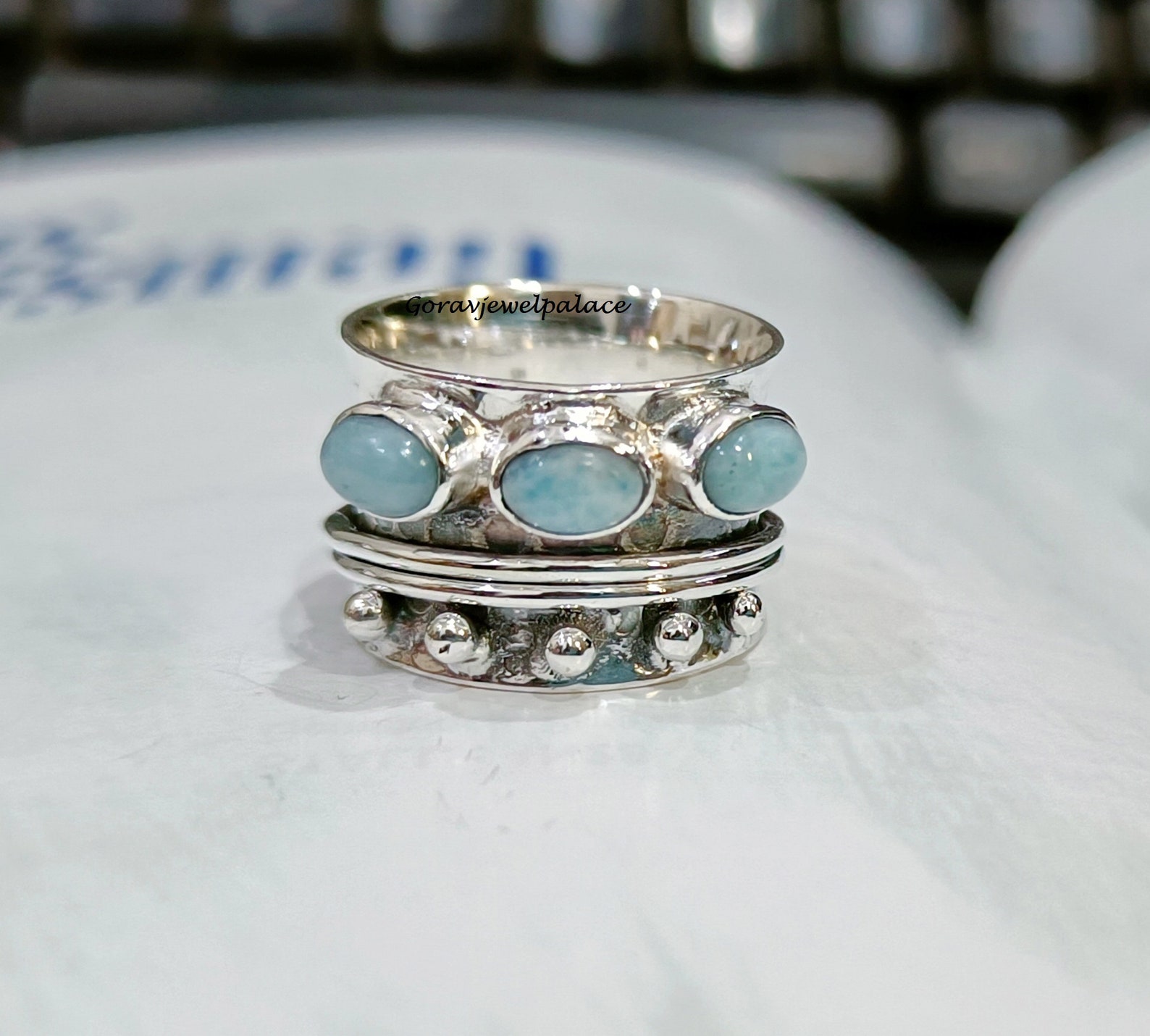 Larimar Ring Three Stone Designer Ring 925 Silver Ring - Etsy