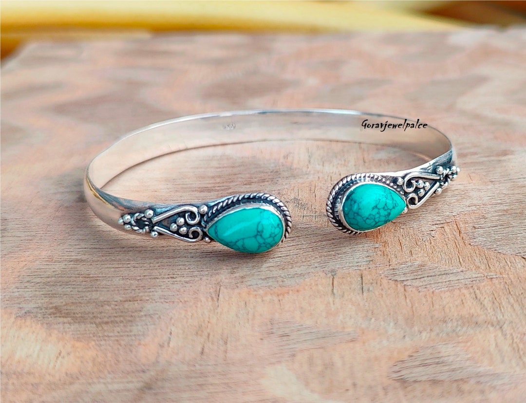Turquoise Bangle, 925 Silver Bangle, Adjustable Open Cuff Bangle ...