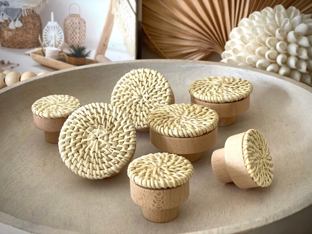 White Rattan Round Knob, Rattan and Wood Cabinet Knob, Furniture ...