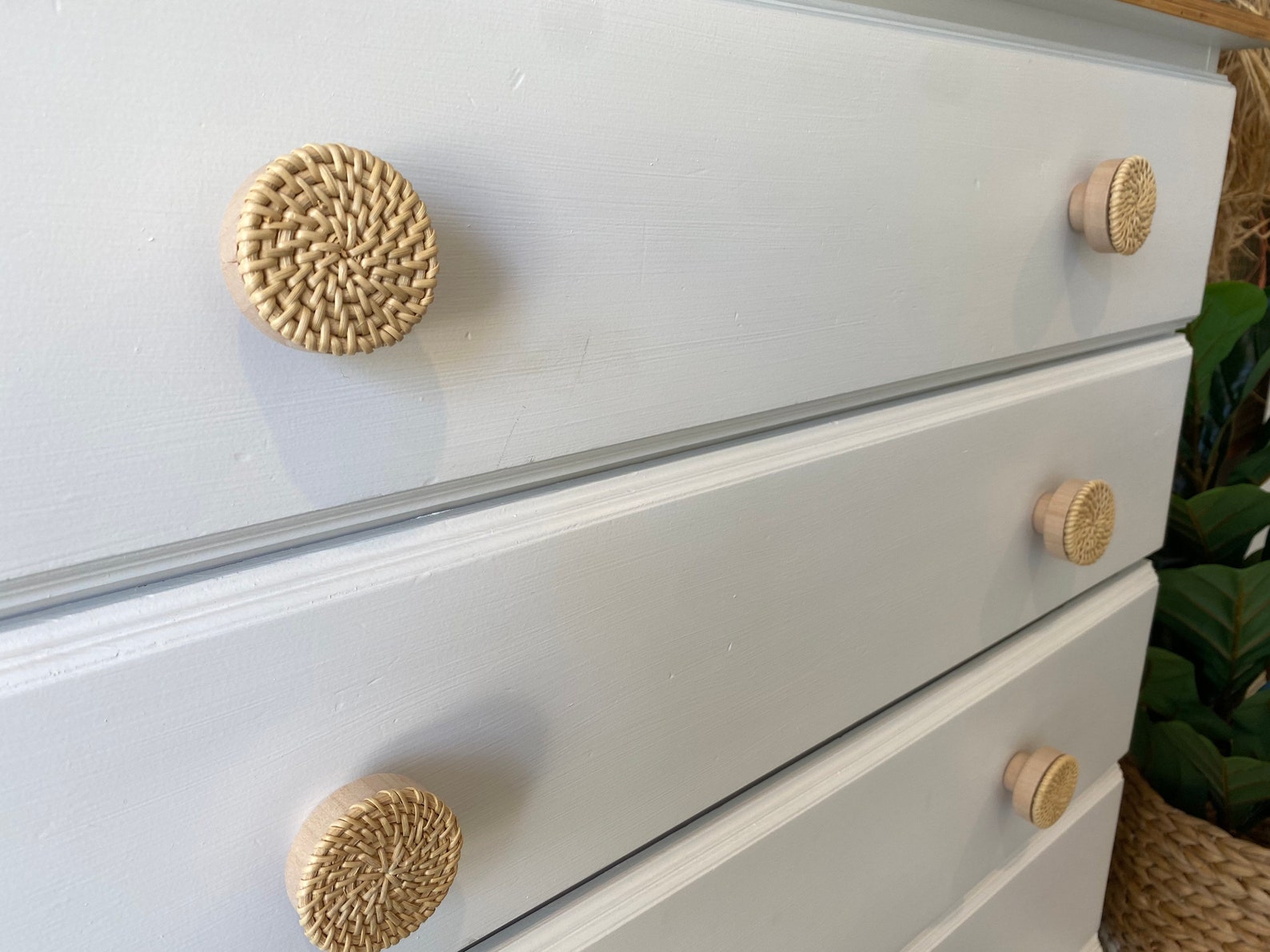 White Rattan Round Knob, Rattan and Wood Cabinet Knob, Furniture ...