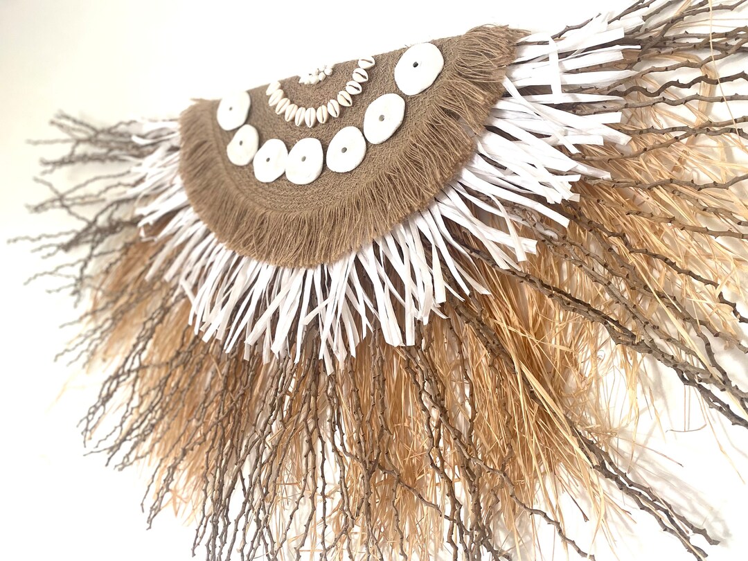 Dried Palm Frond Seashell Raffia Clay Beaded Wall Hanging, Large Wall ...