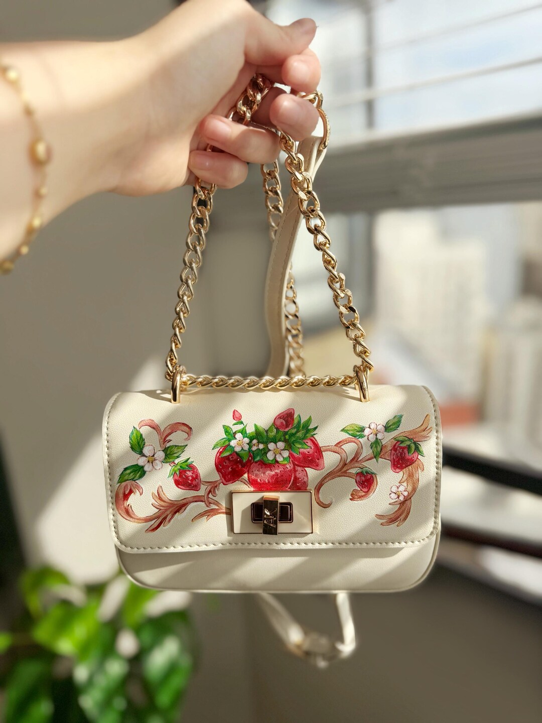 Hand Painted Bag Strawberry Rococo Personalized Bag Custom Made Handbag ...