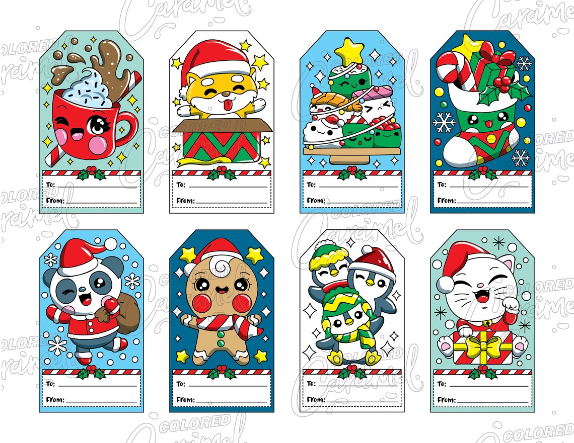 Printable Coloring Kawaii Christmas Gift Tags Cute Digital - Etsy
