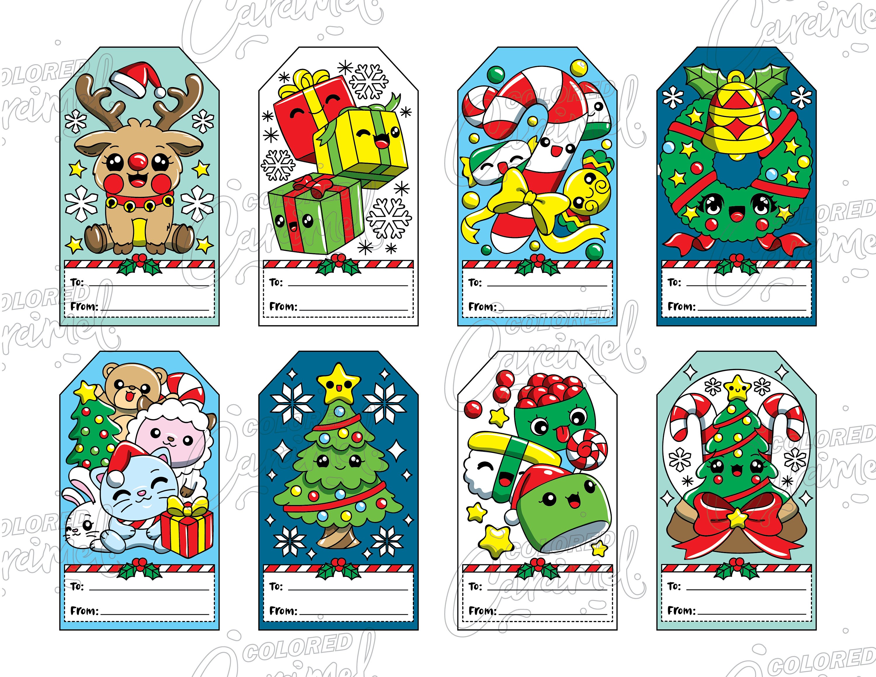 Printable Coloring Kawaii Christmas Gift Tags Cute Digital - Etsy