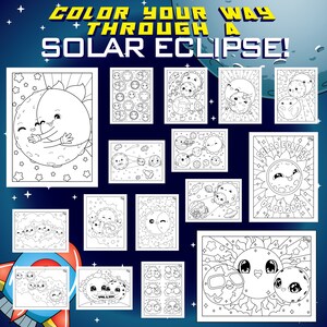Total Solar Eclipse April 2024, Set of 16 Coloring Pages for Kids, Cute ...