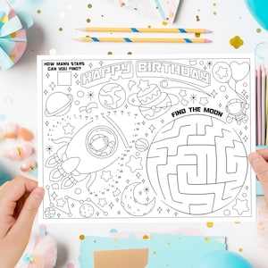 Happy Birthday Space Coloring Placemat Activity Game for Kids, Creative ...