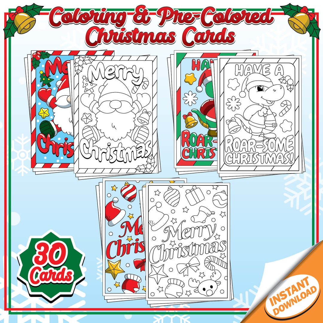 Merry Christmas Coloring Card, Set of 30 Colorable and Colored Holiday ...