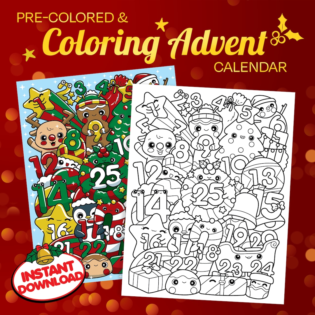 Coloring Christmas Advent Calendar With Kawaii Doodles - Etsy