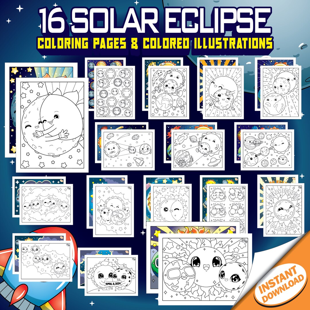 Total Solar Eclipse April 2024, Set of 16 Coloring Pages for Kids, Cute ...