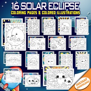Total Solar Eclipse April 2024, Set of 16 Coloring Pages for Kids, Cute ...