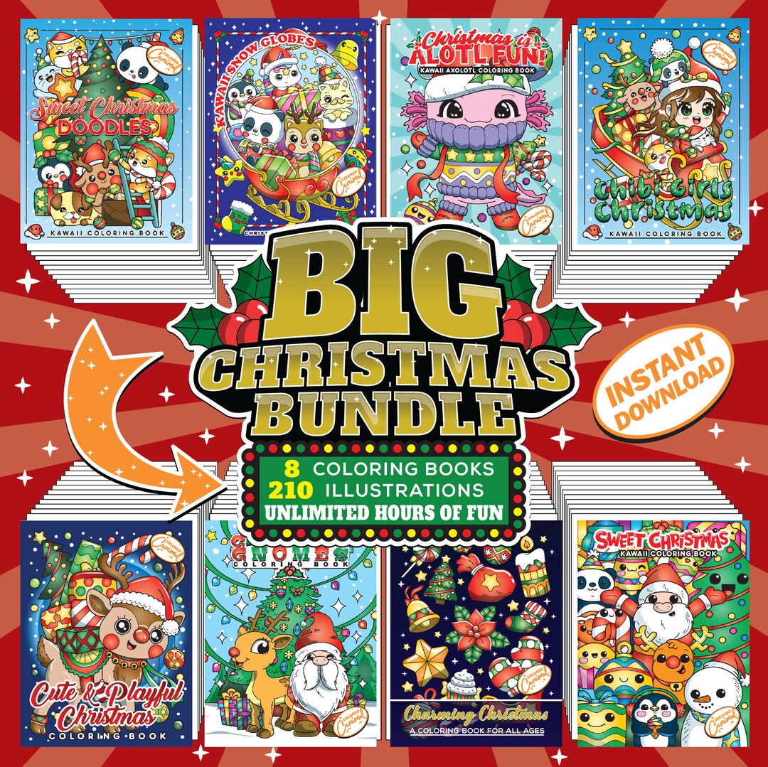 Big Christmas Coloring Books Bundle Pack of 8, Printable Instant ...