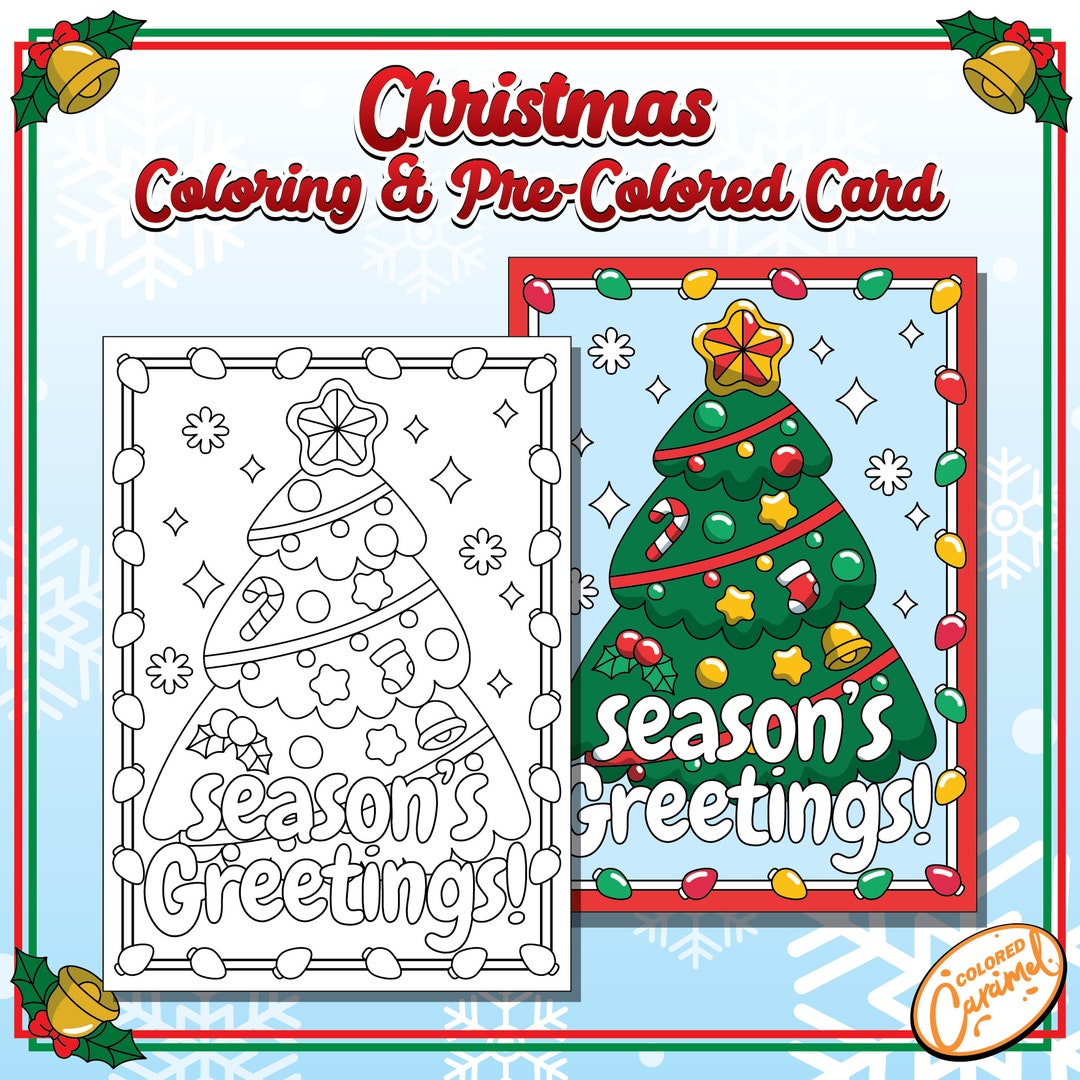Merry Christmas Coloring Card for Kids, Colorable and Pre-colored ...