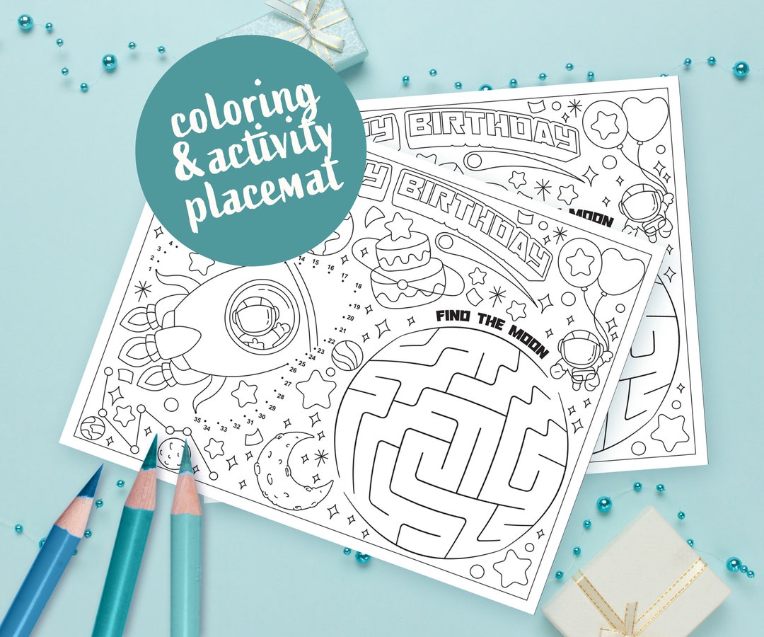 Happy Birthday Space Coloring Placemat Activity Game for Kids, Creative ...
