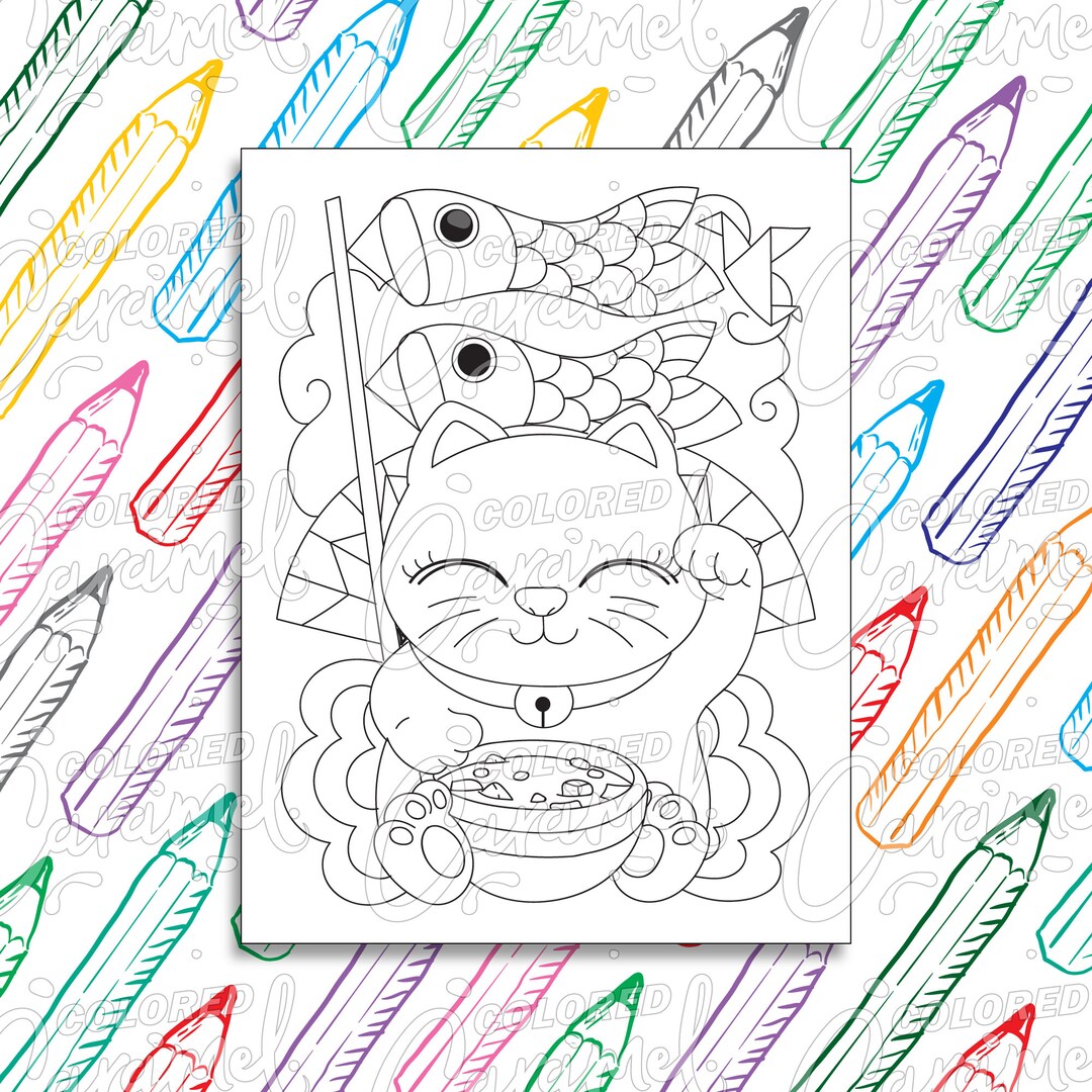 Kawaii Coloring Page Digital Download PDF With Lucky Cat Maneki Neko ...