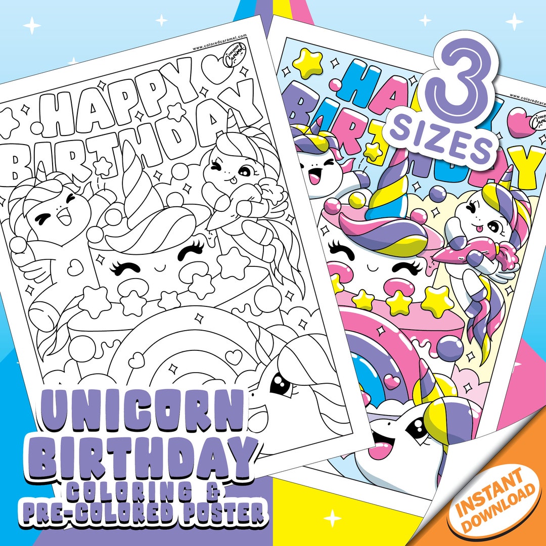 Cute Happy Birthday Unicorn Cake Coloring Poster for Girls, Creative ...