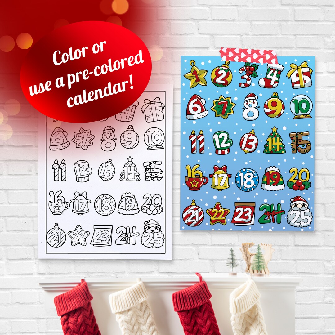 Coloring Christmas Advent Calendar With Cute Numbers, Instant Download ...