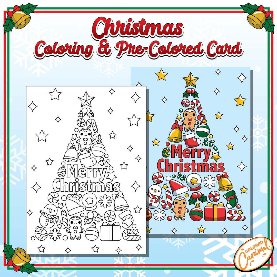 Merry Christmas Coloring Card, Colorable and Pre-colored Holiday ...
