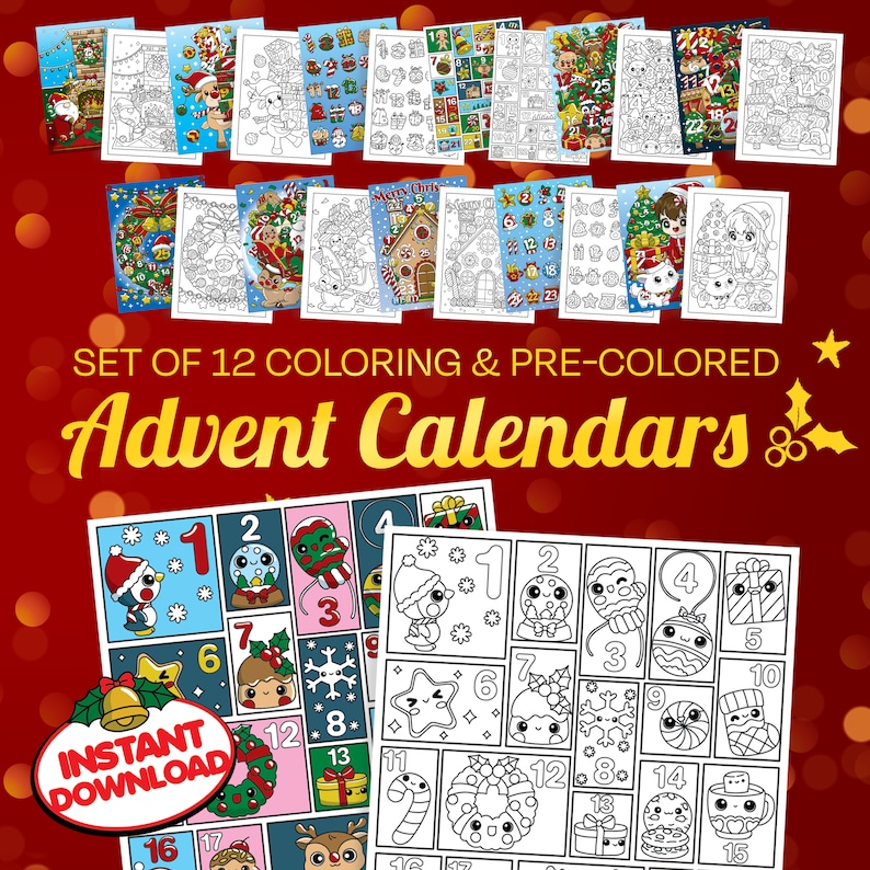 Coloring Christmas Advent Calendars: Set of 12 Festive Holiday Pages ...