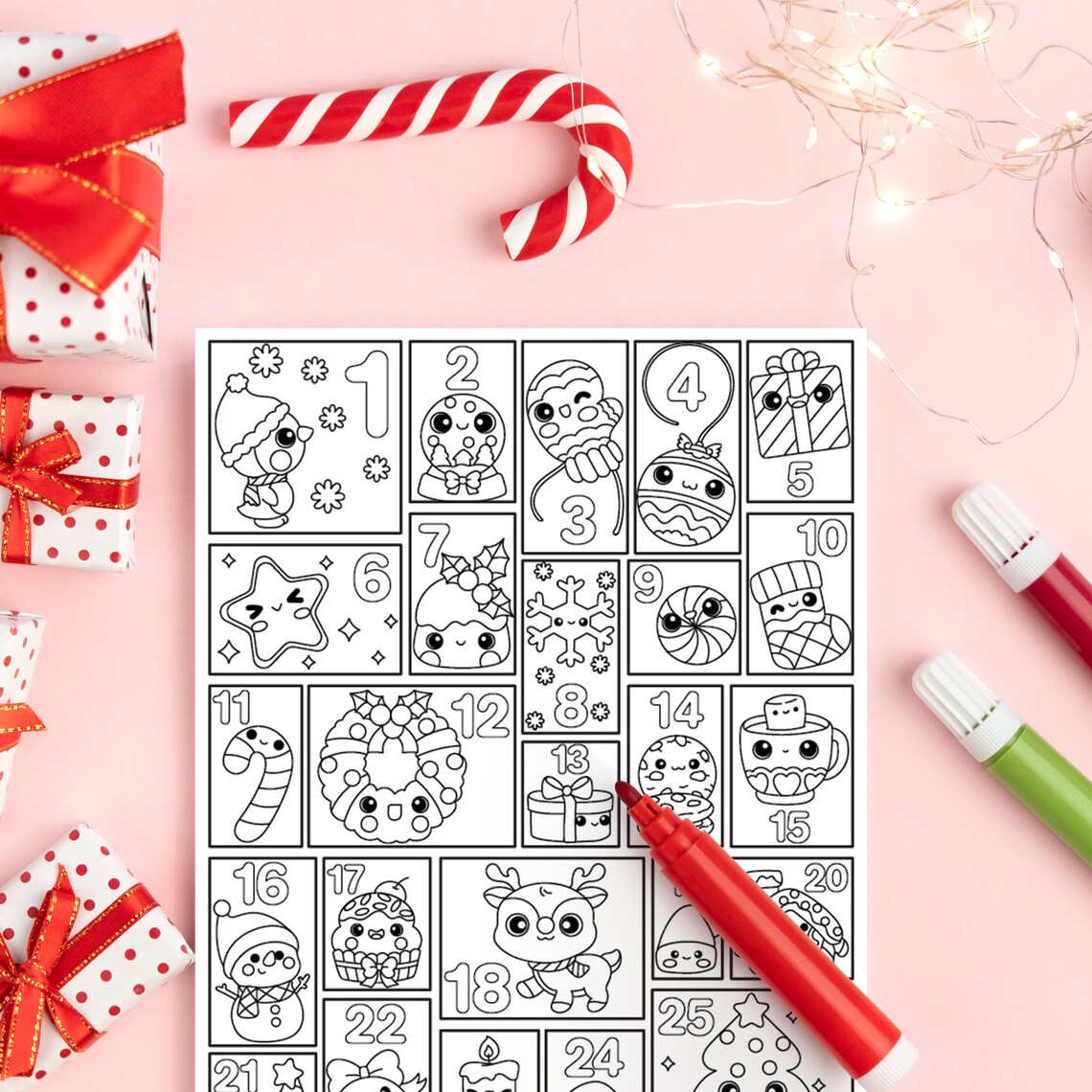 Kawaii Christmas Advent Calendar: Coloring Page (printable PDF) - Etsy
