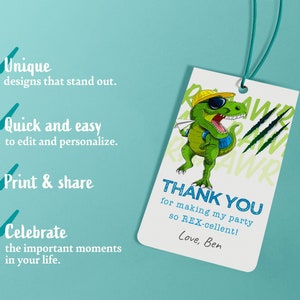 Editable T-rex Dinosaur Birthday Party Favor Tag, Thank You Label ...