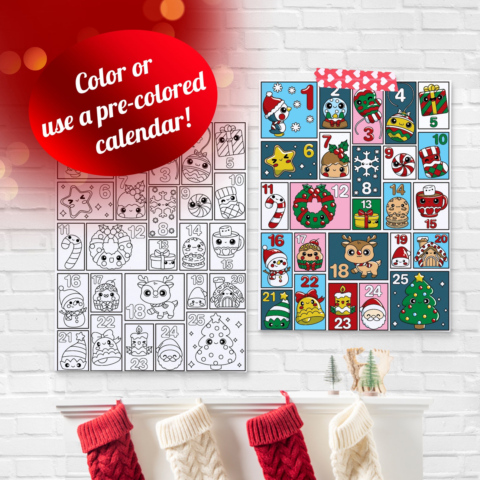 Kawaii Christmas Advent Calendar: Coloring Page (printable PDF) - Etsy