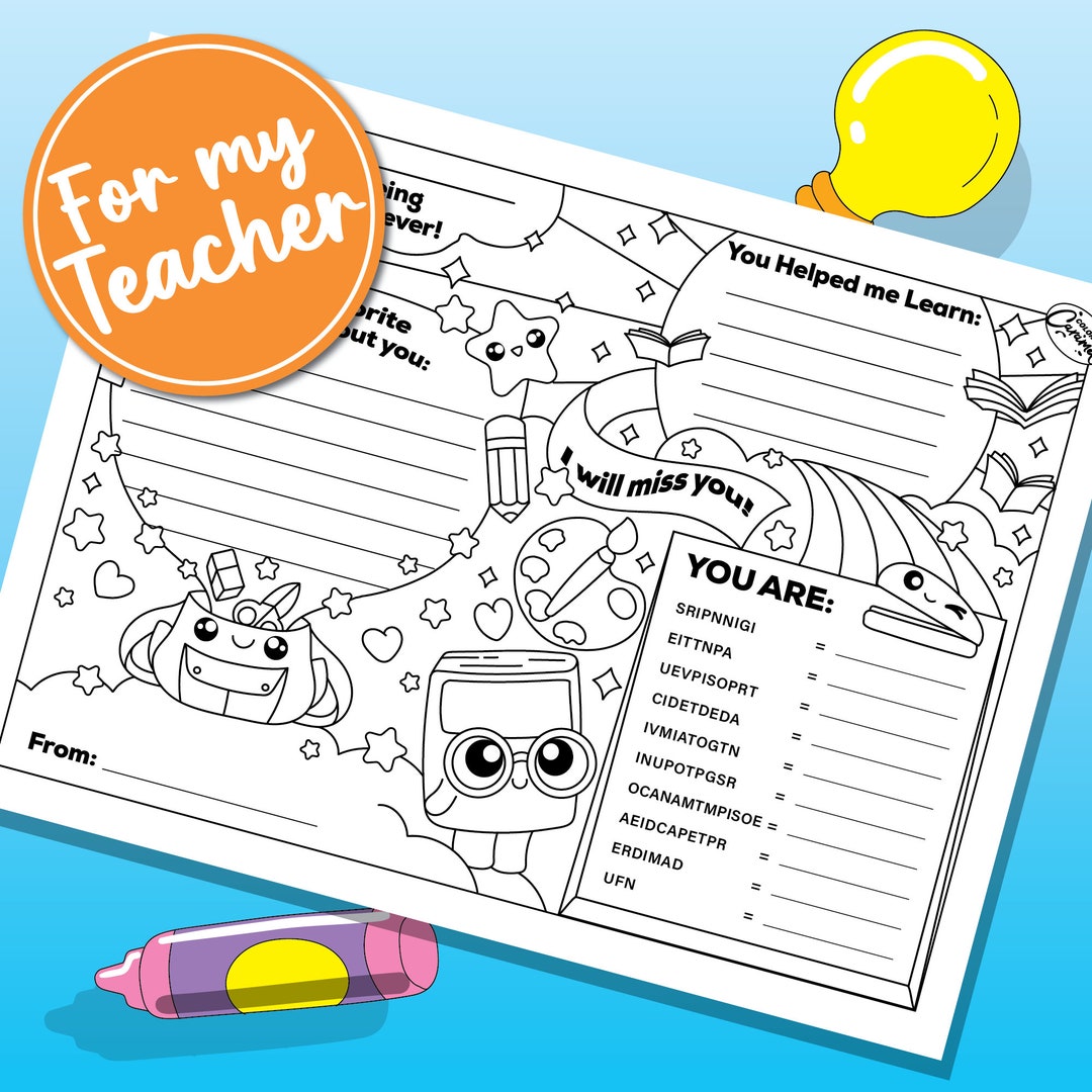 Best Teacher Ever Coloring Page Thank You Gift for End of School and ...