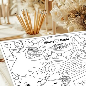 Wedding Coloring Placemat for Kids With Hearts, Activity Games, Easy to ...