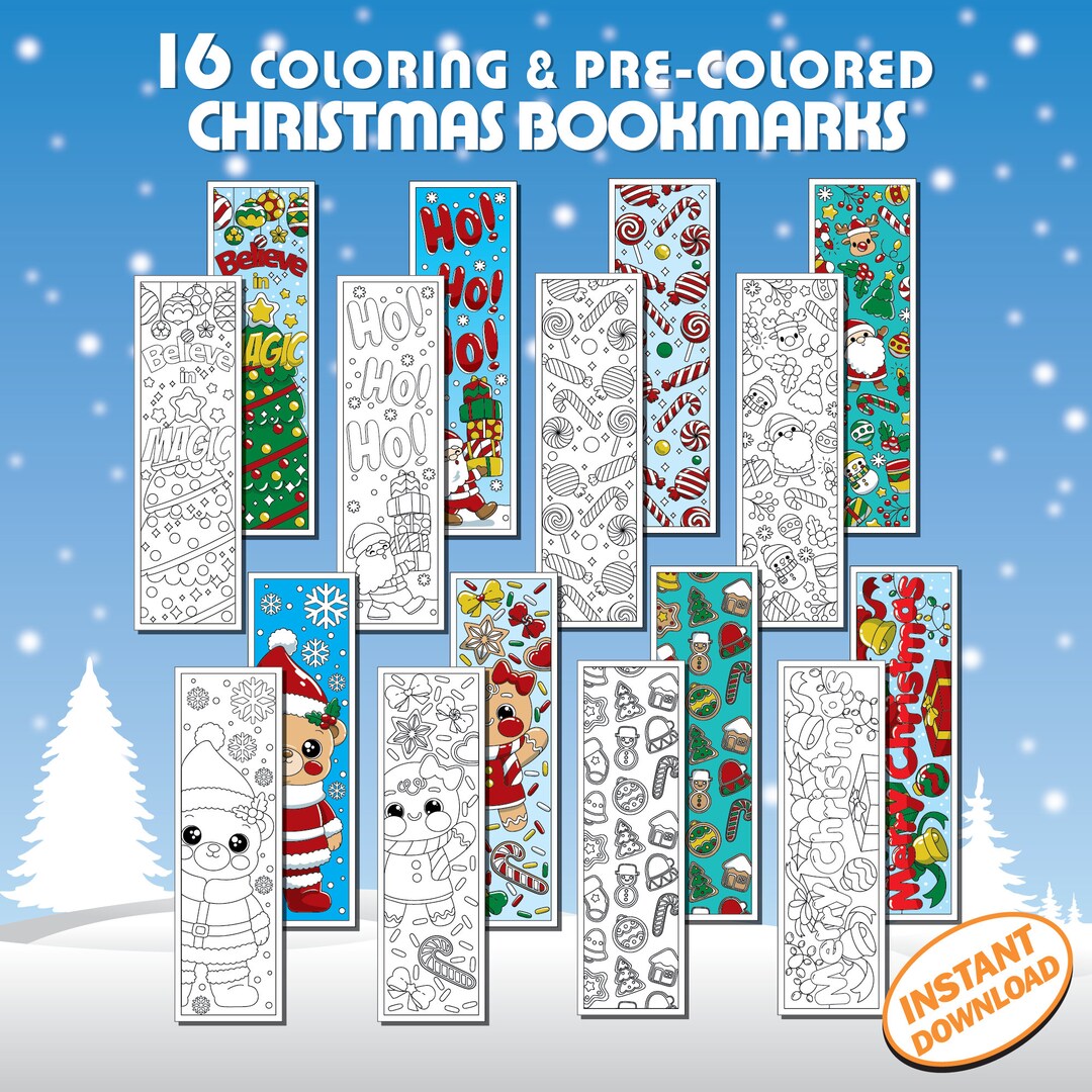 16 Coloring Christmas Bookmarks, December Holiday Festive Instant ...
