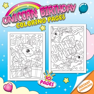 Happy Birthday Unicorn Coloring Pages for Girls Celebration Party, Cute ...