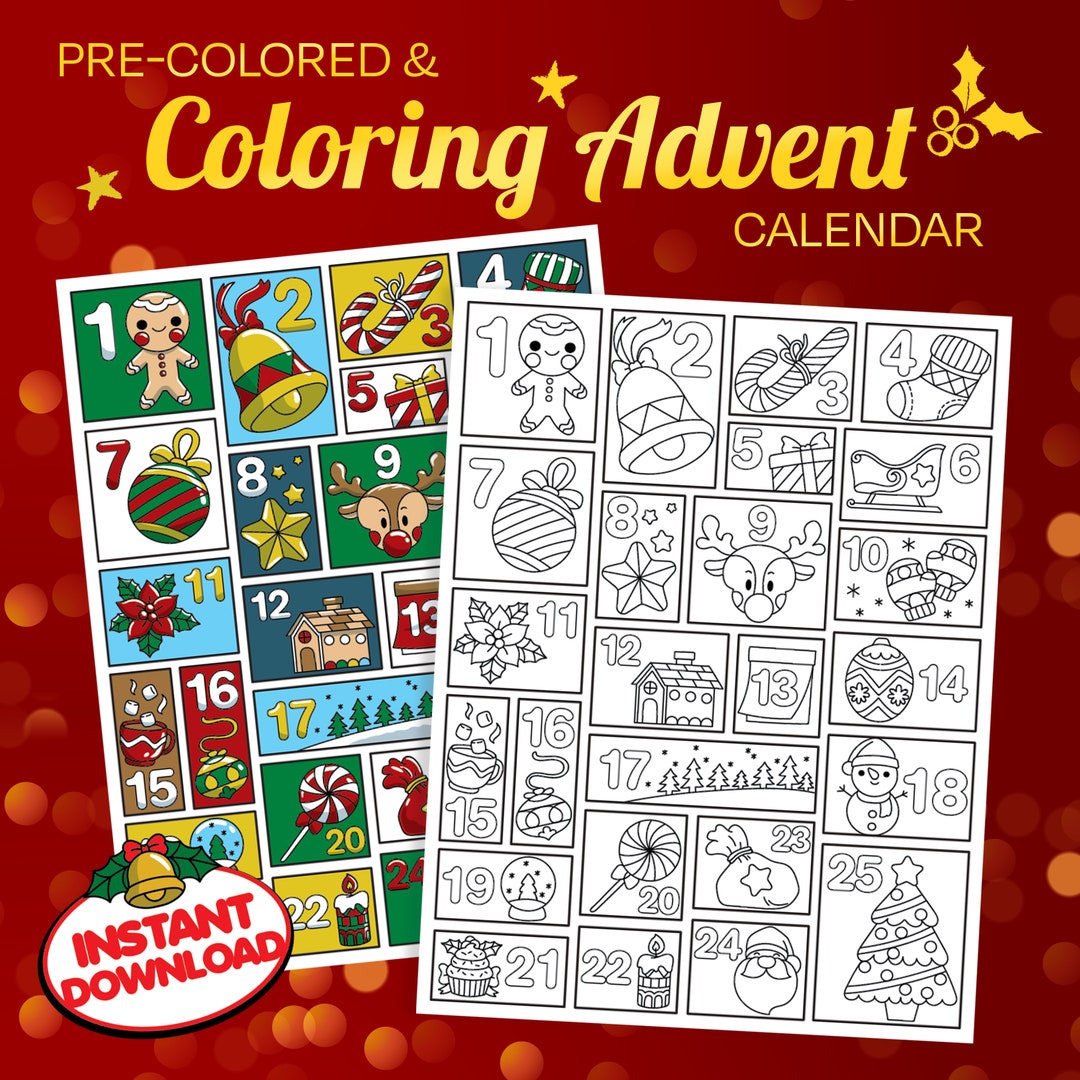 Coloring Christmas Advent Calendar Kawaii Animals, Elements, Instant ...
