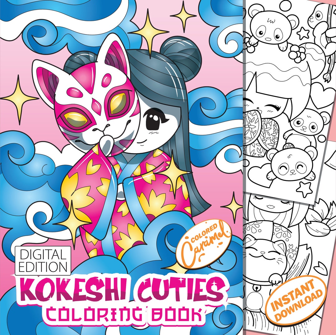 Kawaii Kokeshi Dolls Coloring Book: Japanese Geisha, Sakura (digital ...