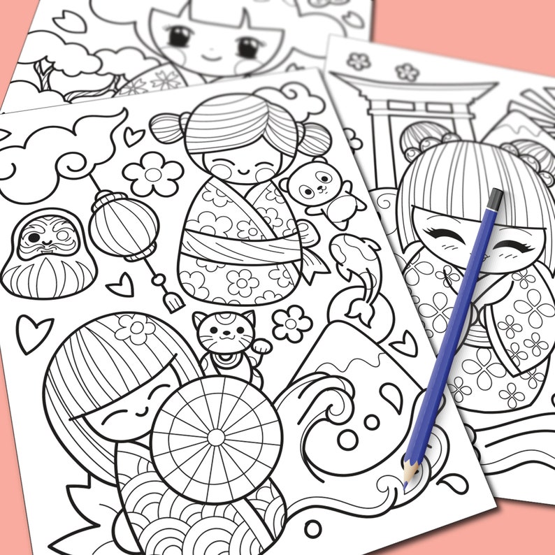 Kawaii Kokeshi Dolls Coloring Book: Japanese Geisha, Sakura (digital ...