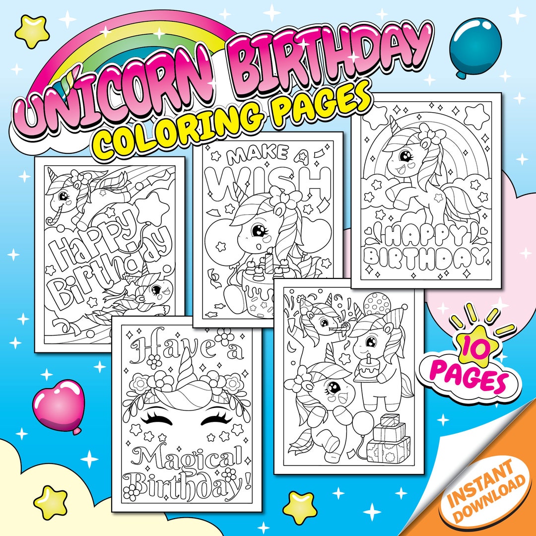 Happy Birthday Unicorn Coloring Pages for Girls Celebration Party, Cute ...