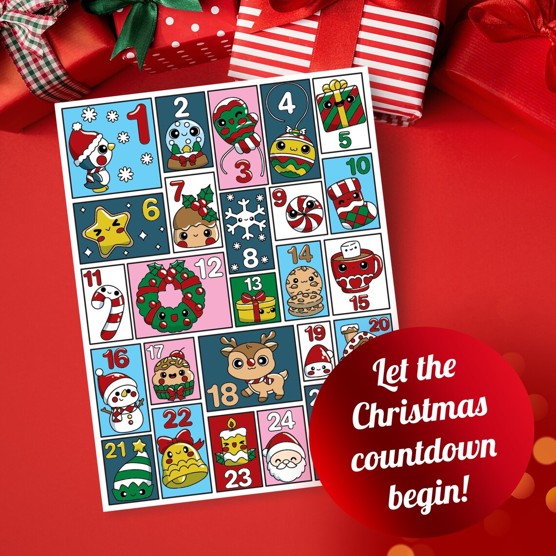Kawaii Christmas Advent Calendar: Coloring Page (printable PDF) - Etsy