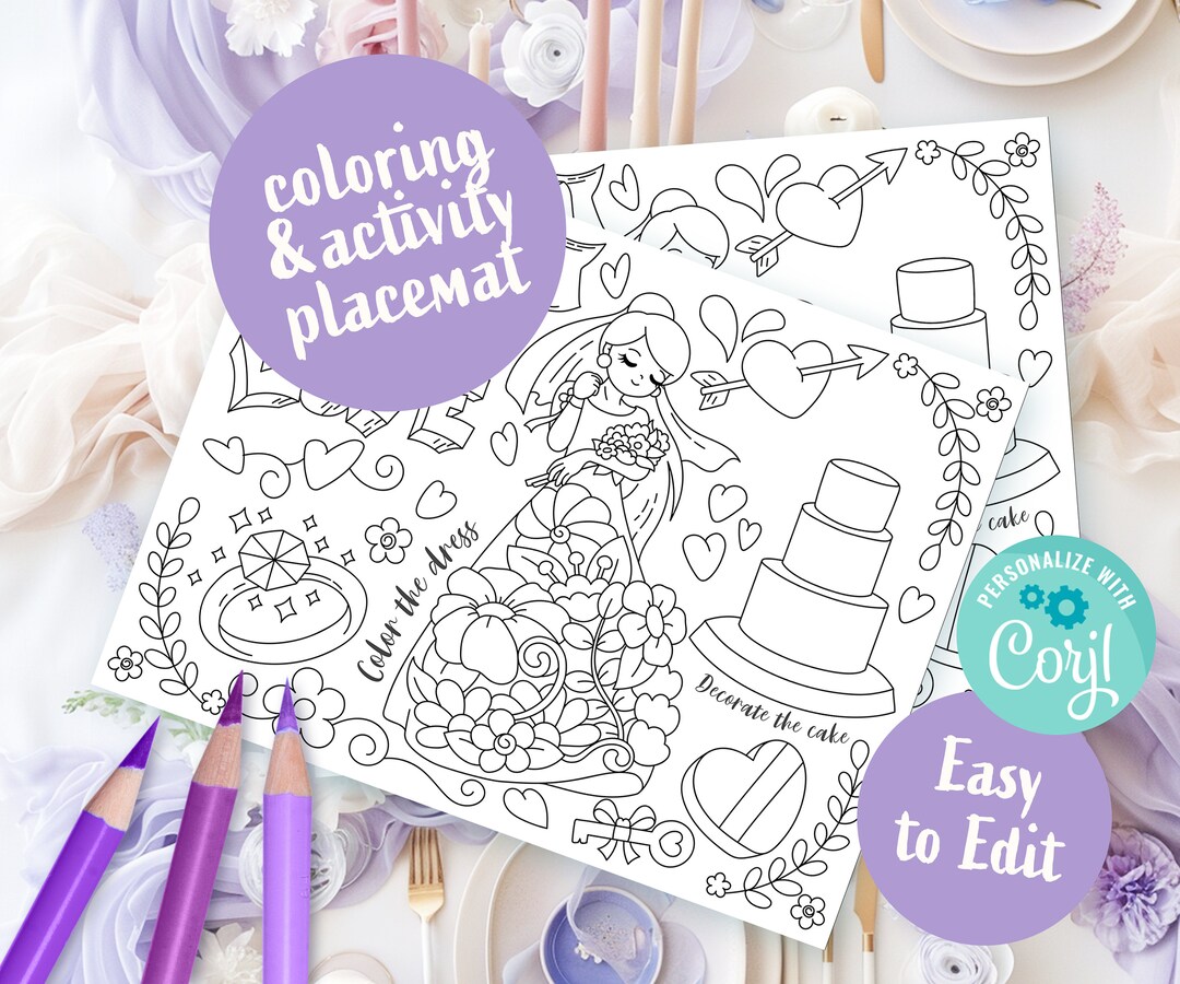Wedding Coloring Placemat for Kids With Cute Activity Games, Easy to ...