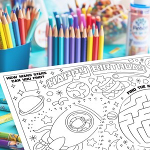 Happy Birthday Space Coloring Placemat Activity Game for Kids, Creative ...